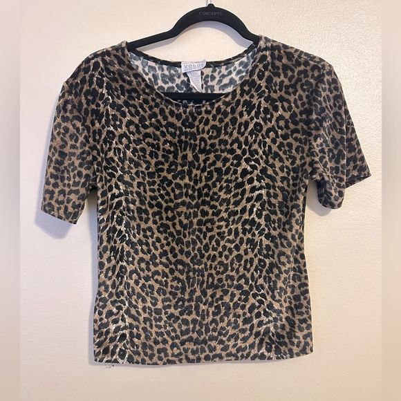 Tops | Vintage 9s Velvet Leopard Animal Print Short Sleeve Black Tan ...